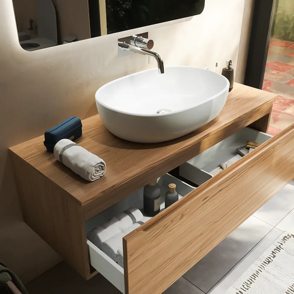 Mobile bagno sospeso 120 cm rovere chiaro un cassettone con top | Bako