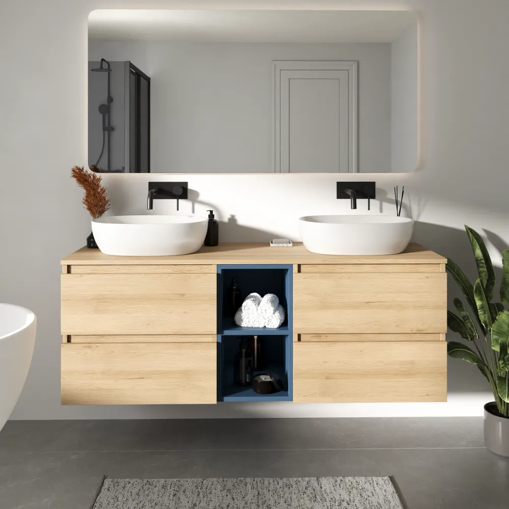 Mobile bagno sospeso 150cm quattro cassetti con top rovere chiaro stone ...