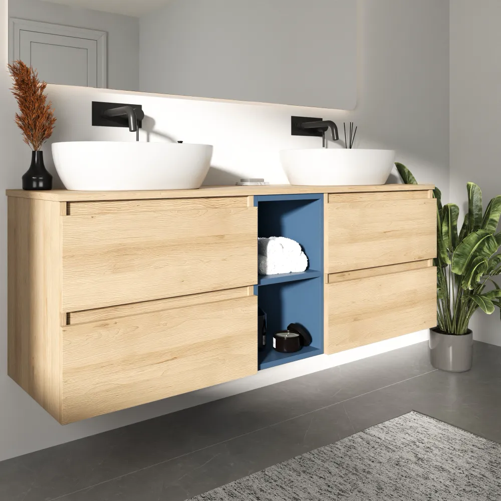 Mobile bagno sospeso 150cm quattro cassetti con top rovere chiaro stone ...